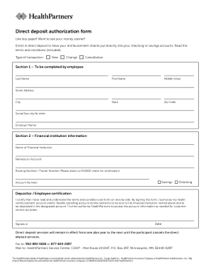 Fillable Online HealthPartners Direct deposit authorization form Fax ...