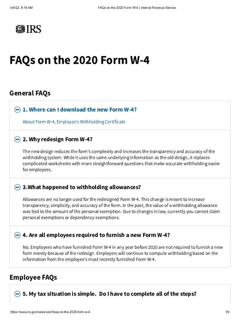Fillable Online FAQs on the 2020 Form W-4 Internal Revenue Service Lowell, MA Fax Email Print ...