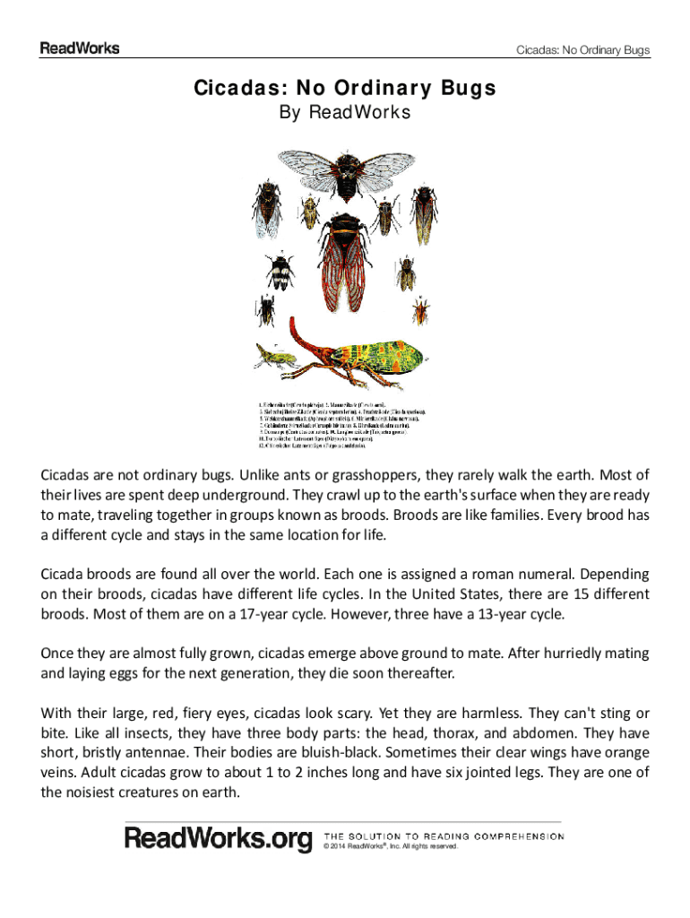 Fillable Online Cicadas: No Ordinary Bugs, Fifth Grade Reading Passage Fax Email Print - pdfFiller