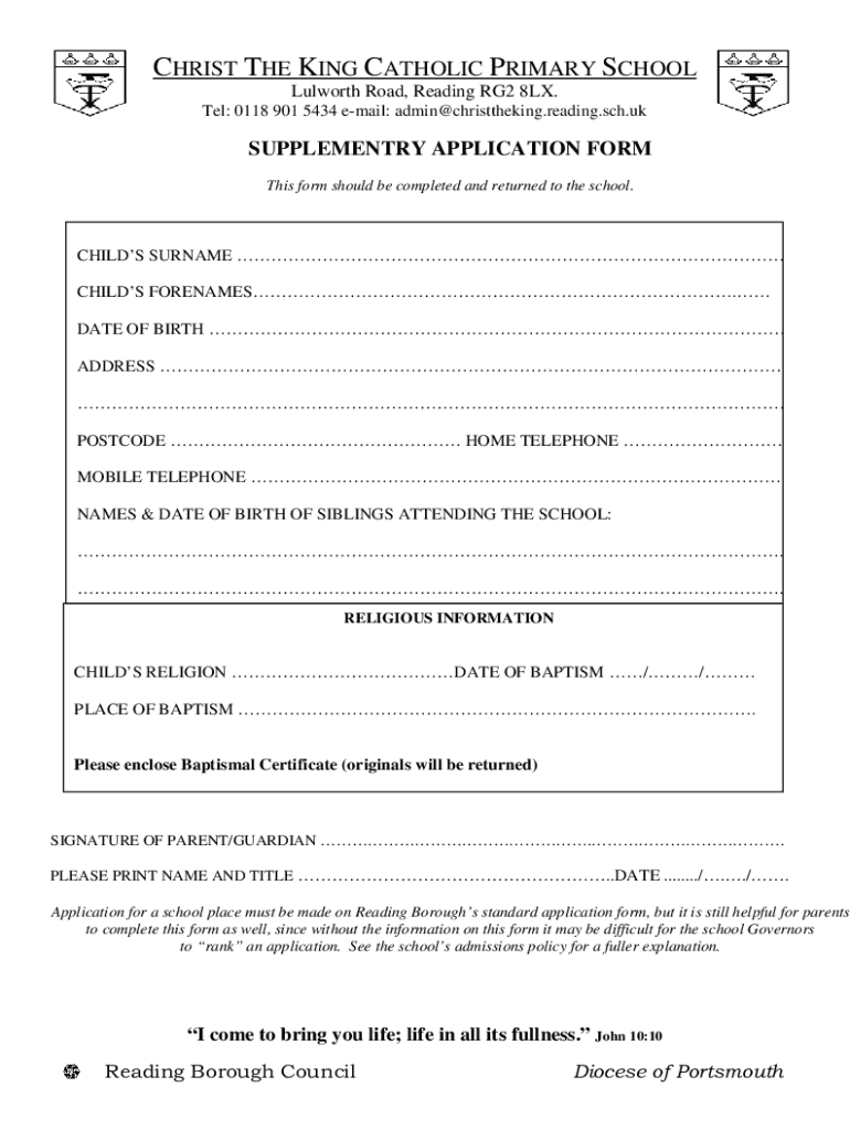Fillable Online Christ the King Catholic Primary School - Supplementary ...