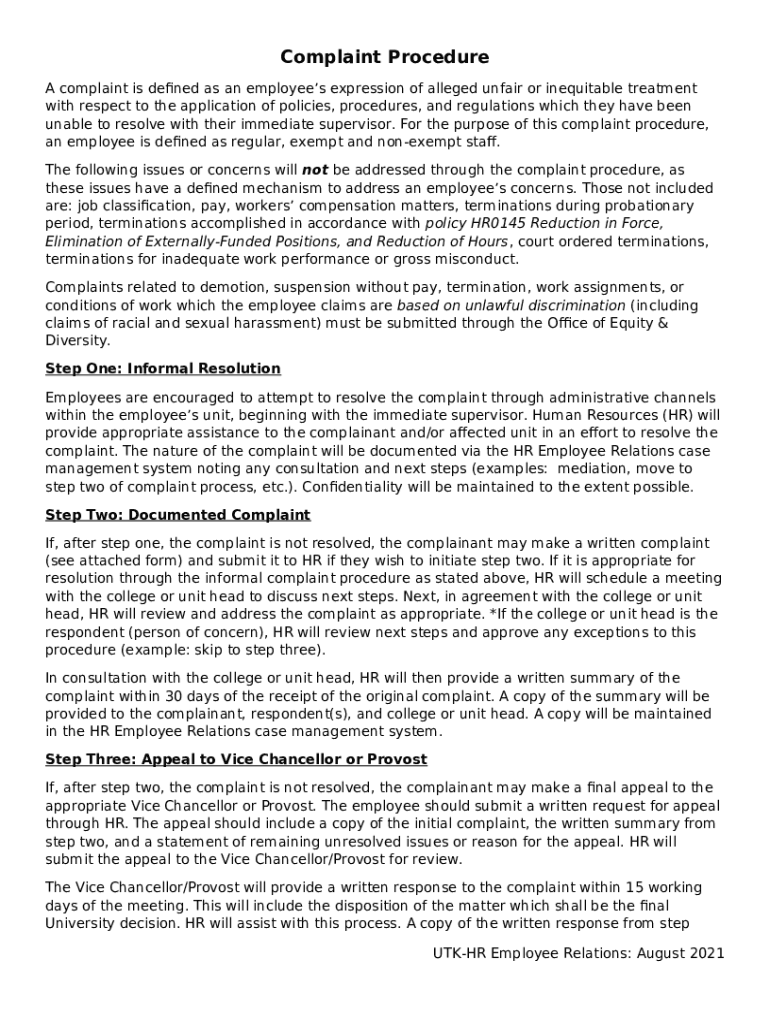 Complaint Procedure and - Human Resources - hr utk Doc Template | pdfFiller