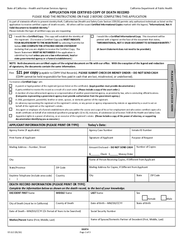 Fillable Online Application for Certified Copy of Death Record - San Benito County ... Fax Email ...