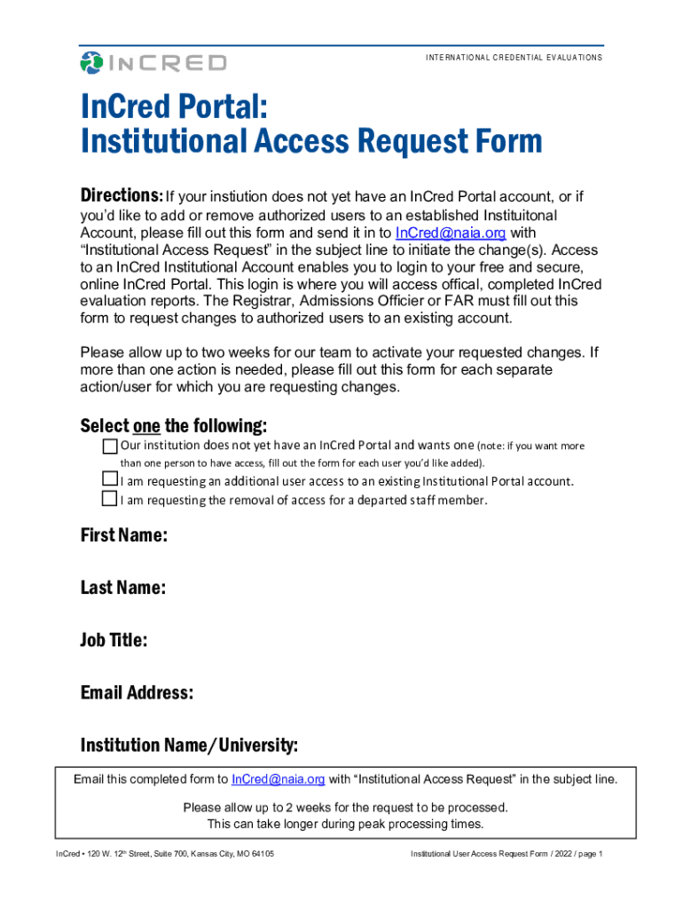 Fillable Online InCred Institutional User Request Form Fax Email Print ...