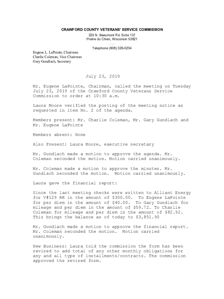 Fillable Online July 23, 2019 Mr. Eugene LaPointe, Chairman, called the ...