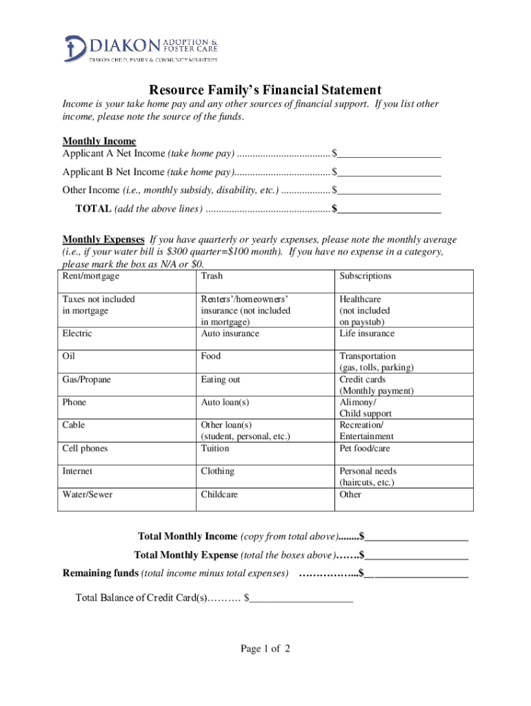 Fillable Online Resource Familys Financial Statement Fax Email Print - pdfFiller