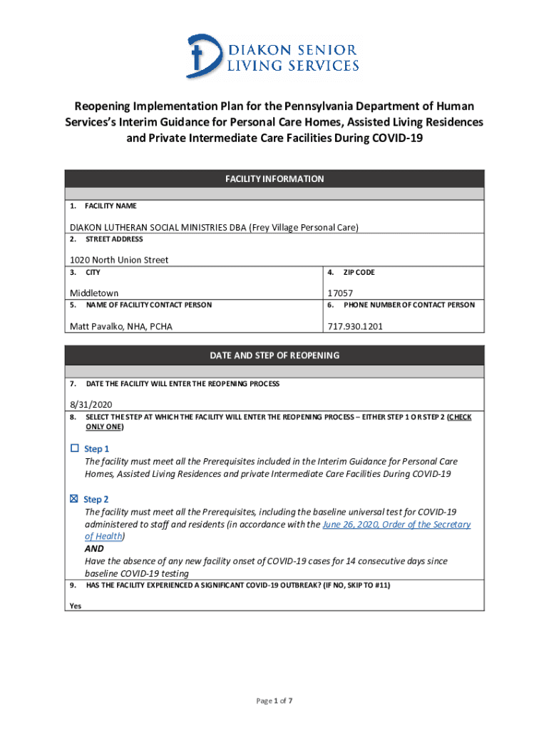 Fillable Online Reopening Implementation Plan for the Pennsylvania ...