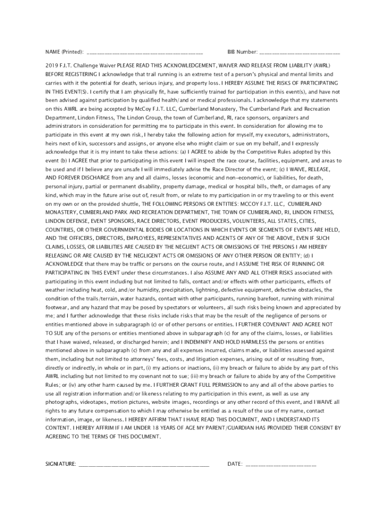 Fillable Online waiver of liability and release agreement 5k run/walk ...