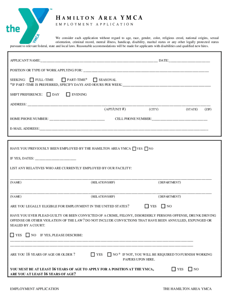 Fillable Online Summer Camp Employment Application - Hamilton Area YMCA Fax Email Print - pdfFiller