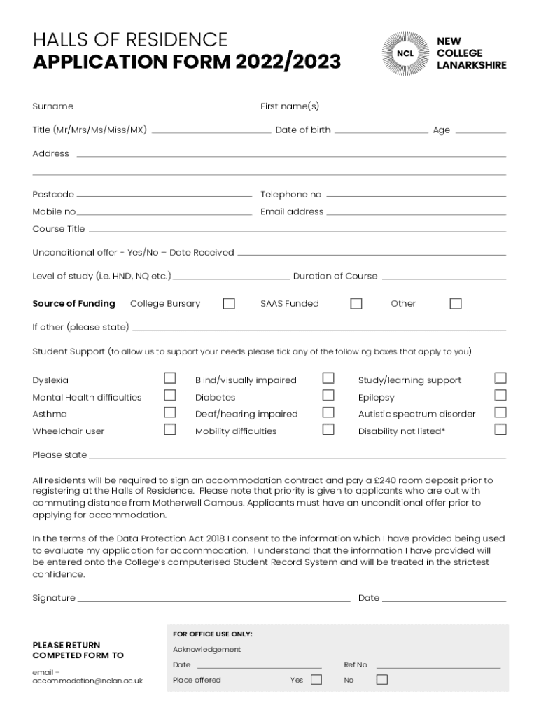 Fillable Online HALLS OF RESIDENCE APPLICATION FORM 2022/2023 Fax Email ...