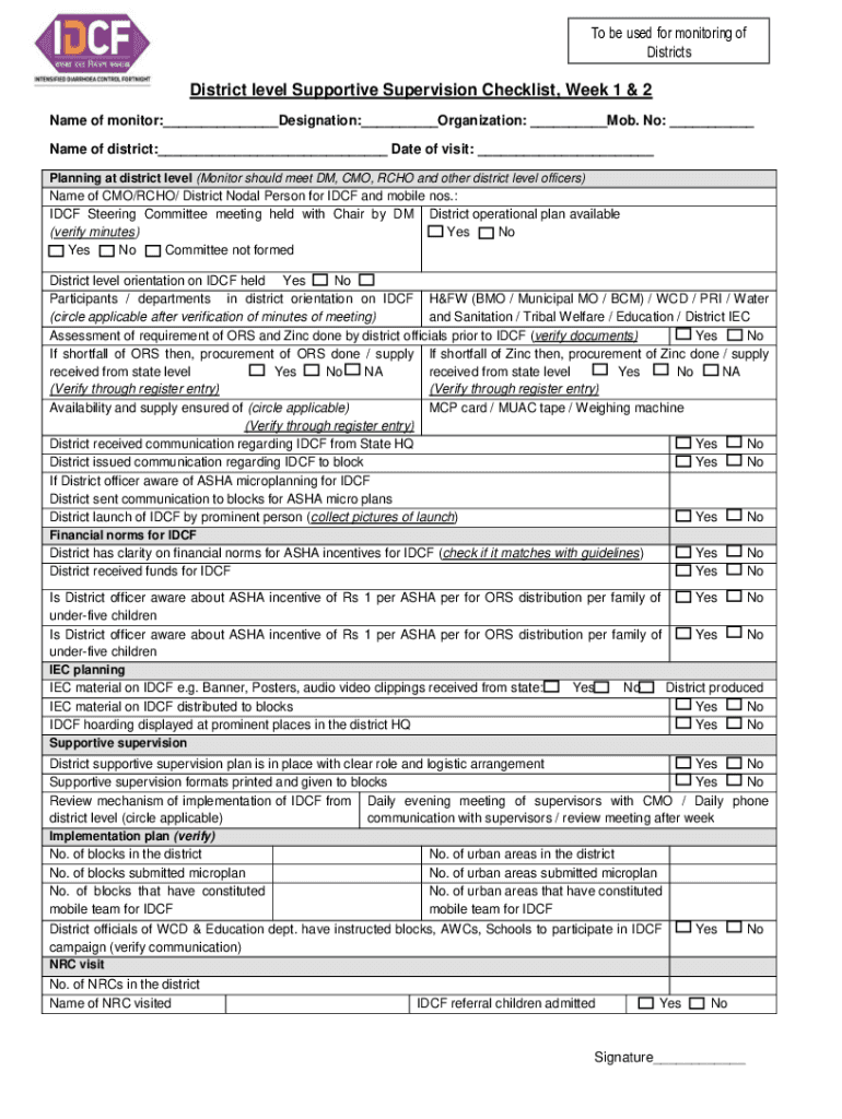 Fillable Online District level Supportive Supervision Checklist, Week 1 ...