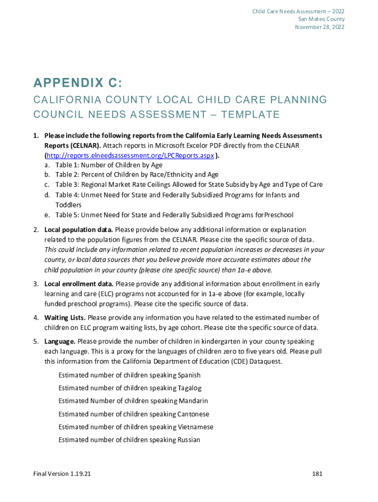 Fillable Online SMC 2022 Child Care Needs Assess Appendix C NA Template ...