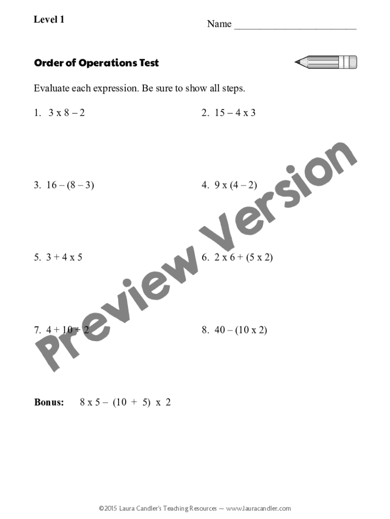 Fillable Online Order of Operations Tests - Level 1 Preview Fax Email ...