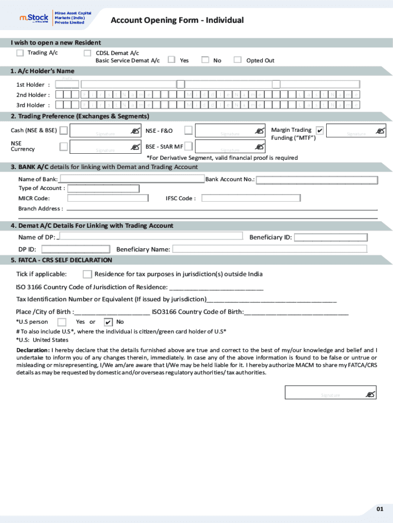 Fillable Online Account opening form for resident Individual pdf M