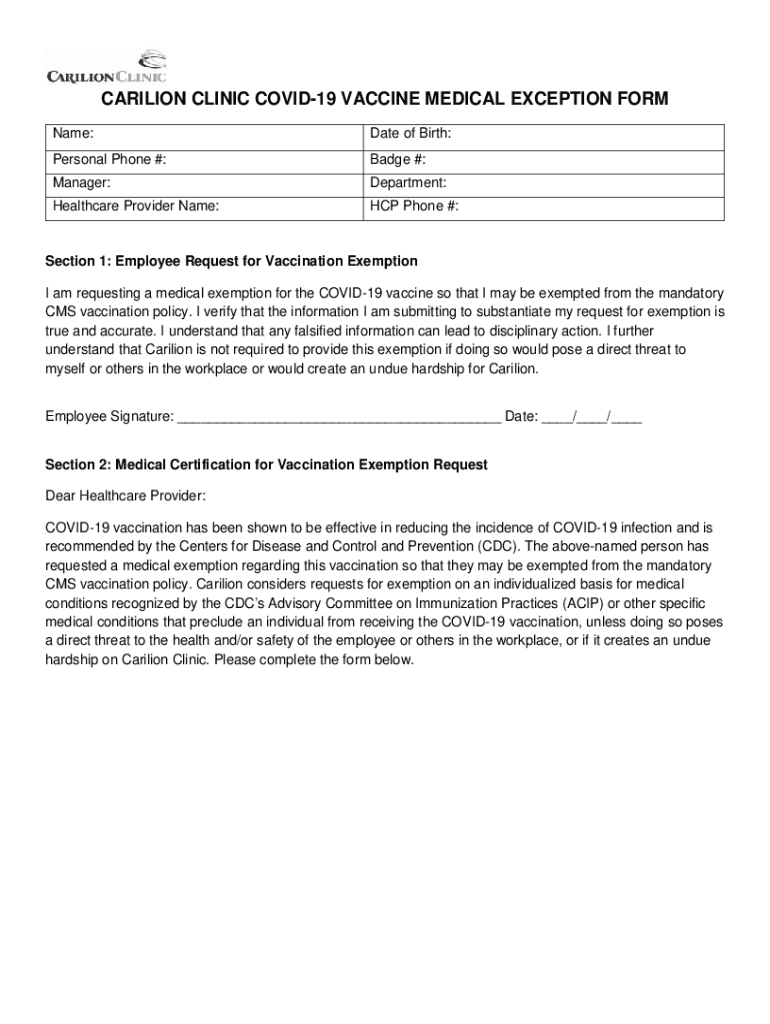 Fillable Online carilion clinic covid-19 vaccine medical exception form ...