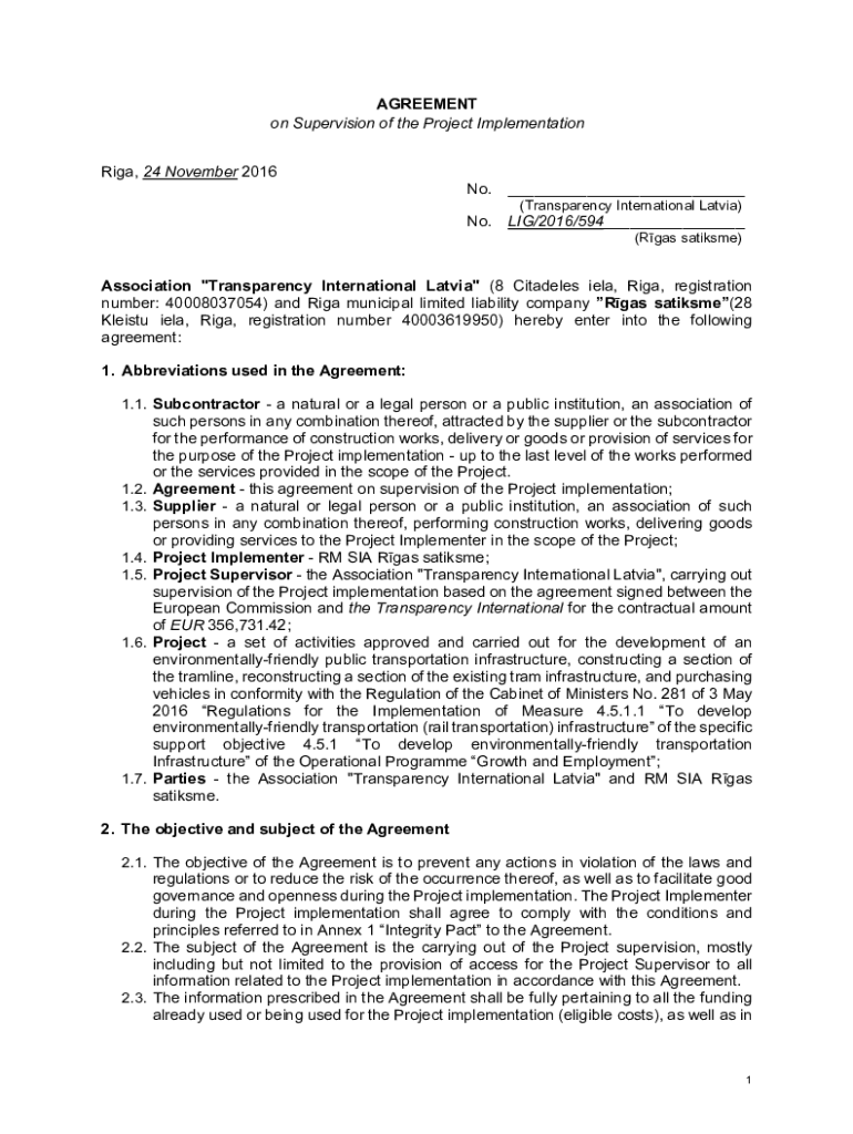 Fillable Online AGREEMENT on Supervision of the Project Implementation ...