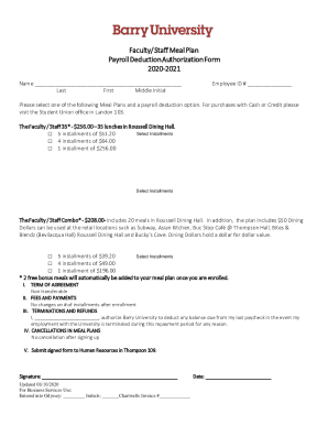 Fillable Online authorization to deduct for employee meal plan from ...