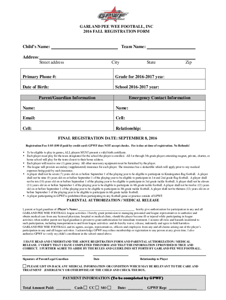 Fillable Online Garland Peewee Football Incorporated - Nonprofit ...