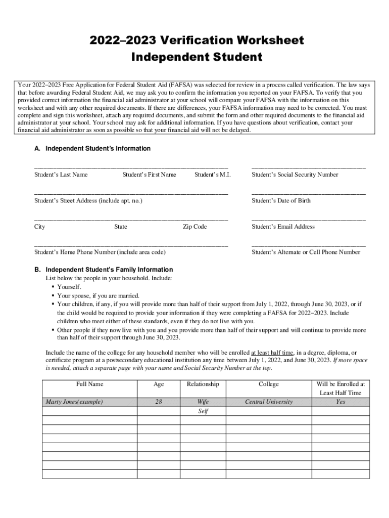 Fillable Online 2022-2023 Verification Worksheet for Dependent Students Fax Email Print - pdfFiller