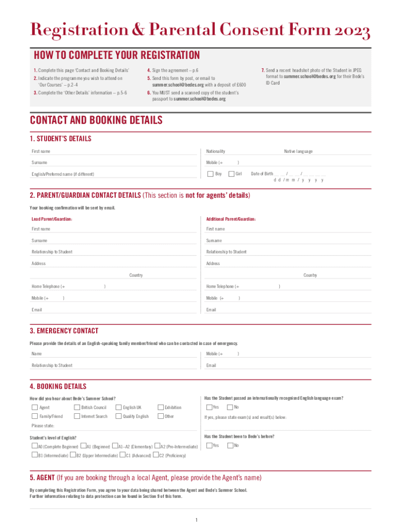 Fillable Online Registration & Parental Consent Form 2023 - Bede's Summer School Fax Email Print ...