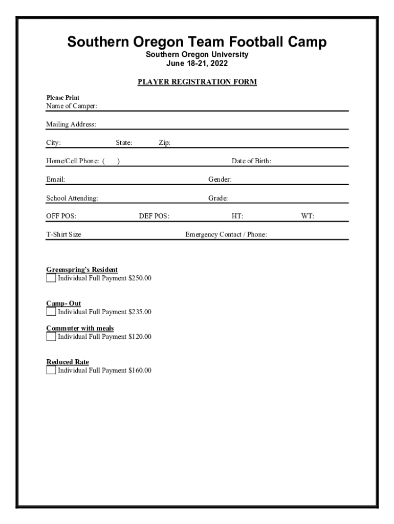 Fillable Online TEAM CAMP REGISTRATION FORM PDF Fax Email Print - pdfFiller