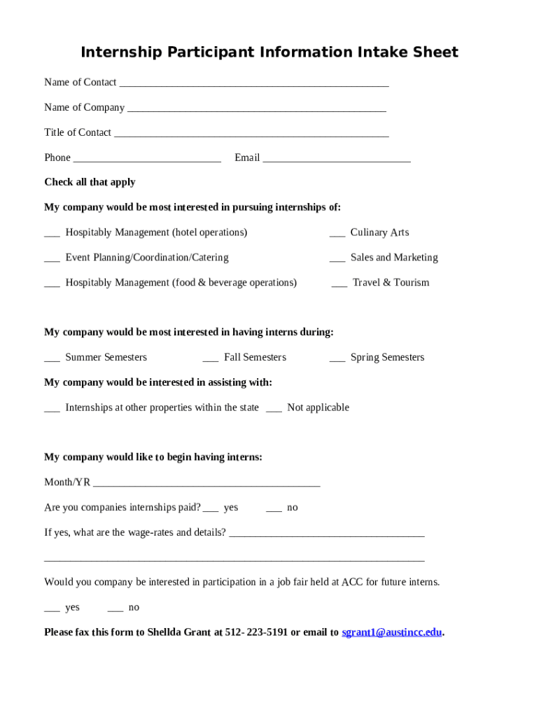 Intern Preparation Sheet Doc Template | pdfFiller