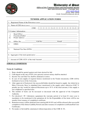 Fillable Online Tender Application Form - UNIVERSITY OF SWAT Fax Email ...