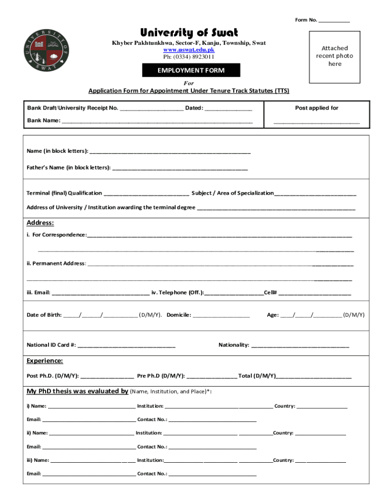 Fillable Online Employment Form for Main Campus, Kanju Swat Fax Email ...