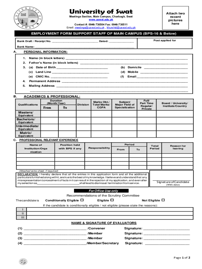 Fillable Online University of Swat Jobs 2022 Application Form Fax Email ...