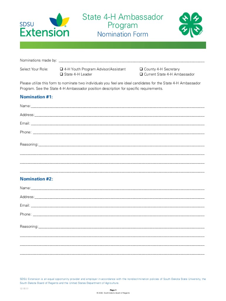 Fillable Online State 4-H Ambassador Program Nomination Form Fax Email ...