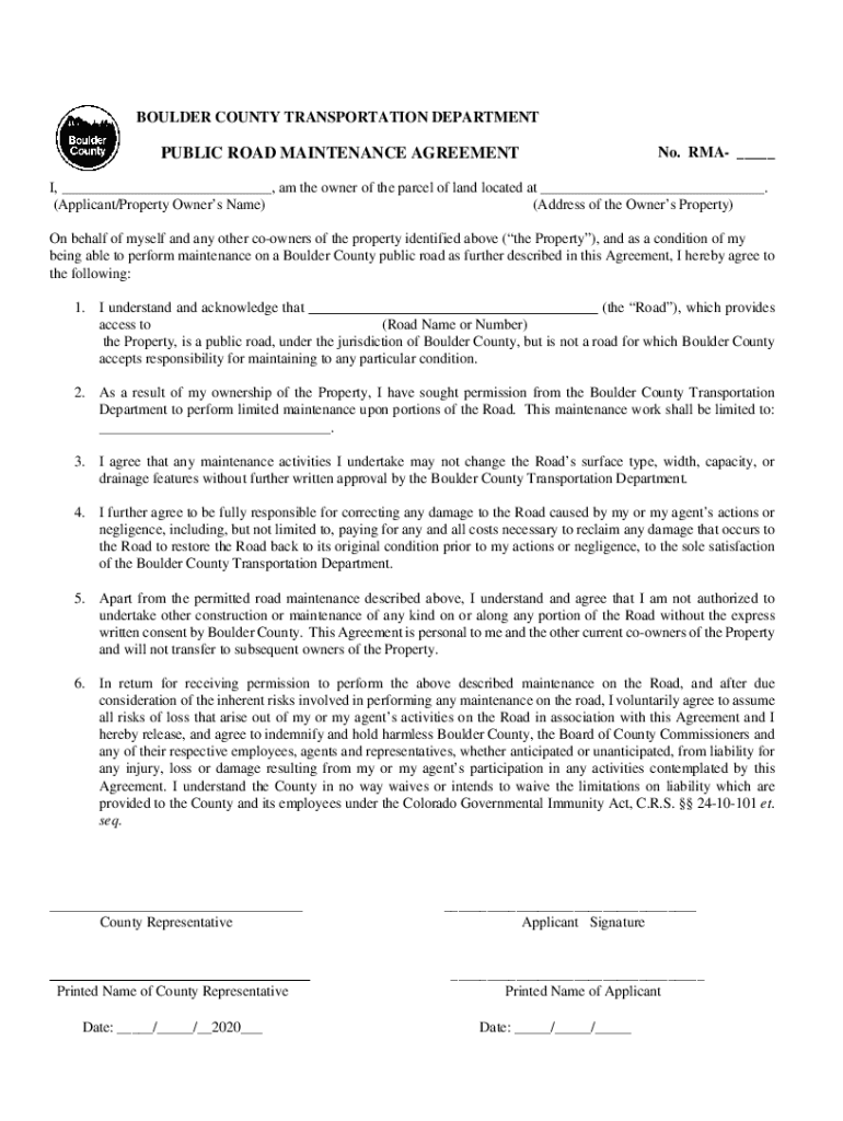 Fillable Online PUBLIC ROAD MAINTENANCE AGREEMENT - Boulder County Fax ...