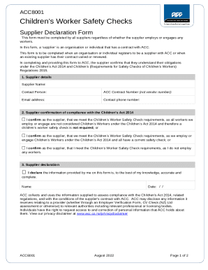 ACC8001 Children's Worker Safety Checks Supplier Declaration . ACC8001 ...