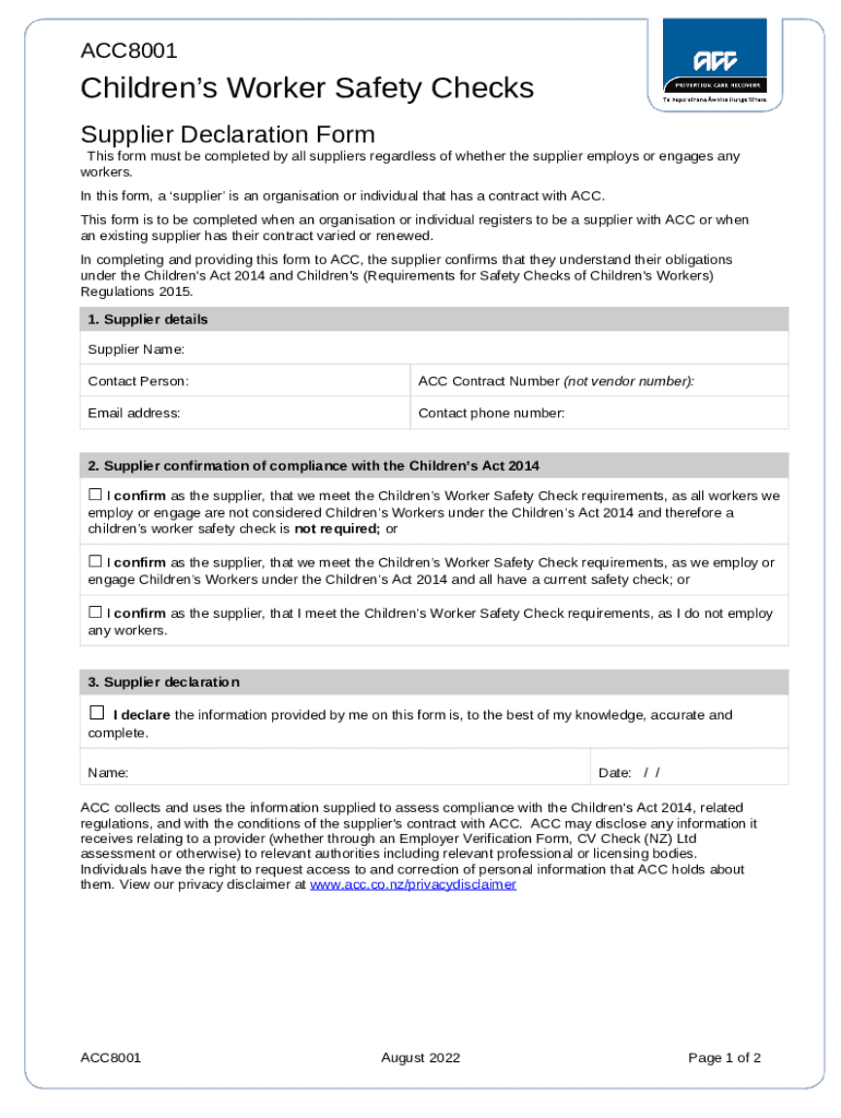 ACC8001 Children's Worker Safety Checks Supplier Declaration . ACC8001 ...