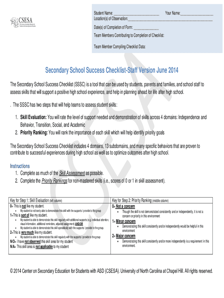 Fillable Online Secondary School Success Checklist-Staff Version June ...