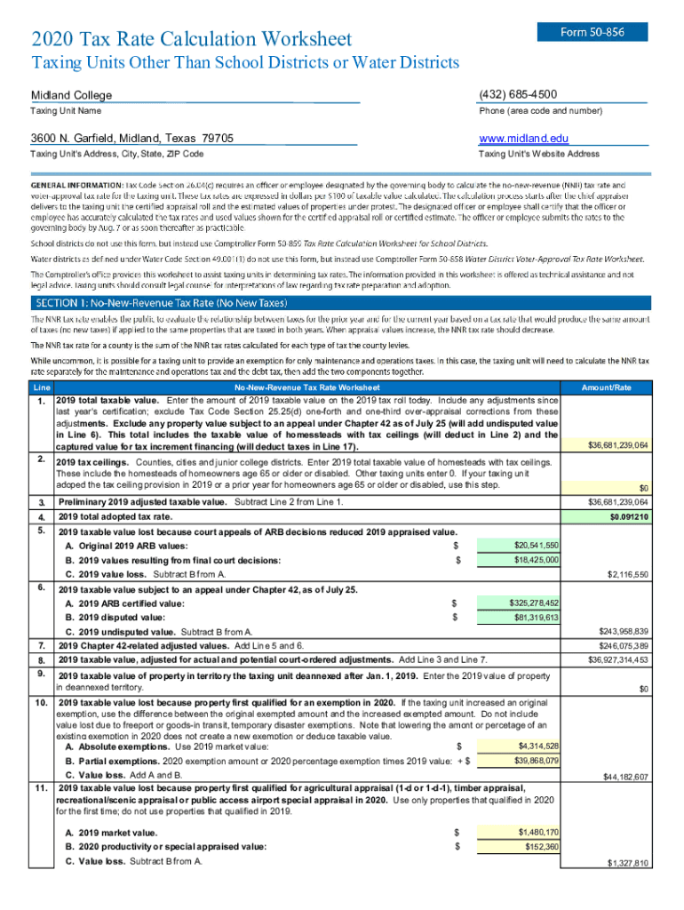 Fillable Online 2020 Tax Rate Calculation Worksheet - Carson County ...