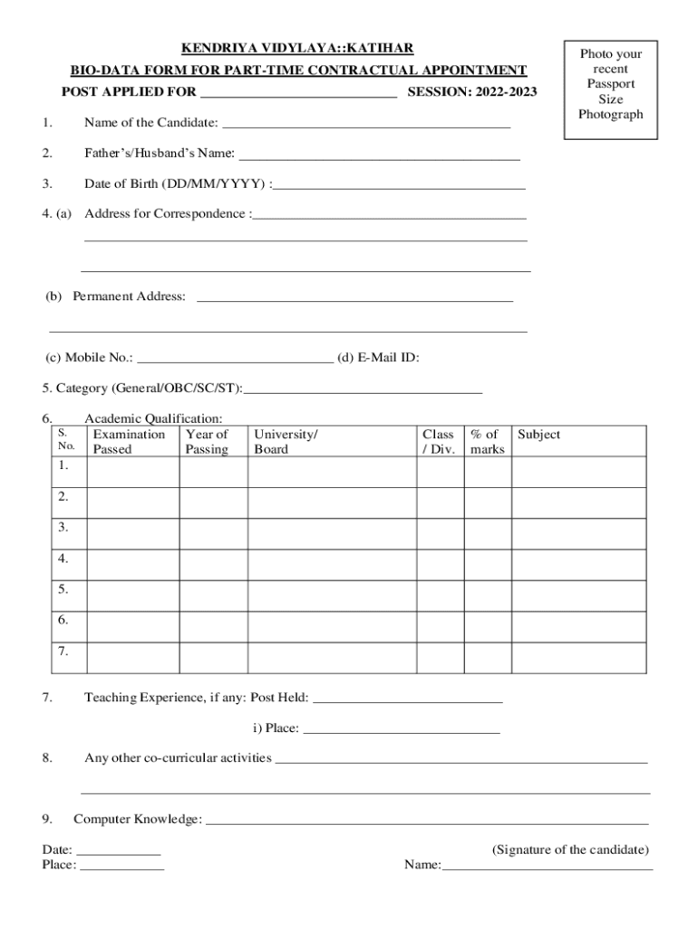 Fillable Online Part Time Teacher 2021-2022 (Bio-Data Form, Edu ... Fax Email Print - pdfFiller