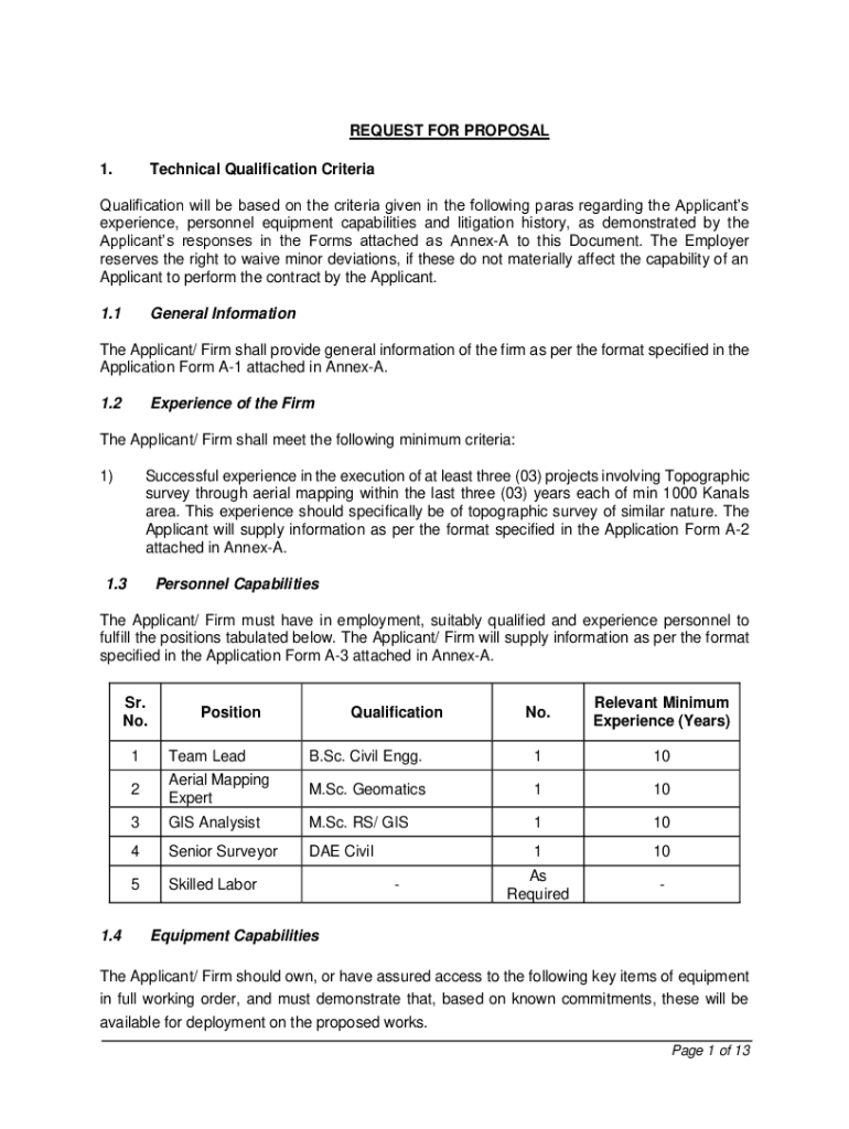 Fillable Online REQUEST FOR PROPOSAL 1. Technical Qualification ...