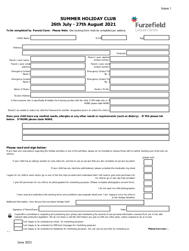 Fillable Online Holiday Club Enrolment Form Fax Email Print - pdfFiller