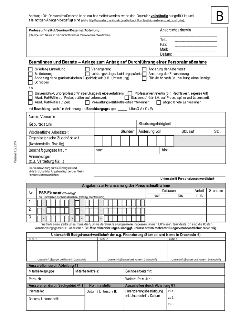 Fillable Online Anlage zum Antrag auf Durchfhrung einer Personalmanahme Fax Email Print - pdfFiller