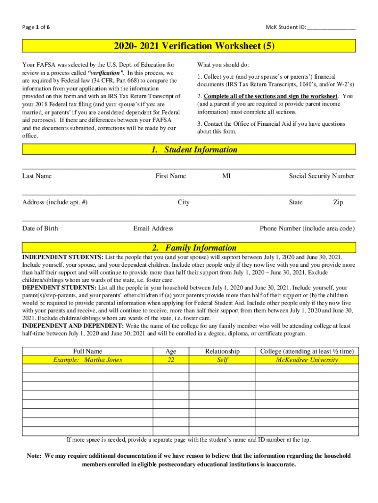 Fillable Online 2020- 2021 Verification Worksheet (5)McKendree University Fax Email Print ...