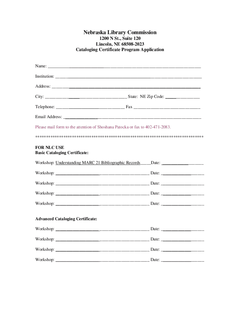 Fillable Online nlc nebraska Cataloging Certificate Application Fax ...