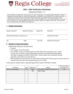 Fillable Online 2023-2024 V1 Verification Worksheet Independent Student Fax Email Print - pdfFiller