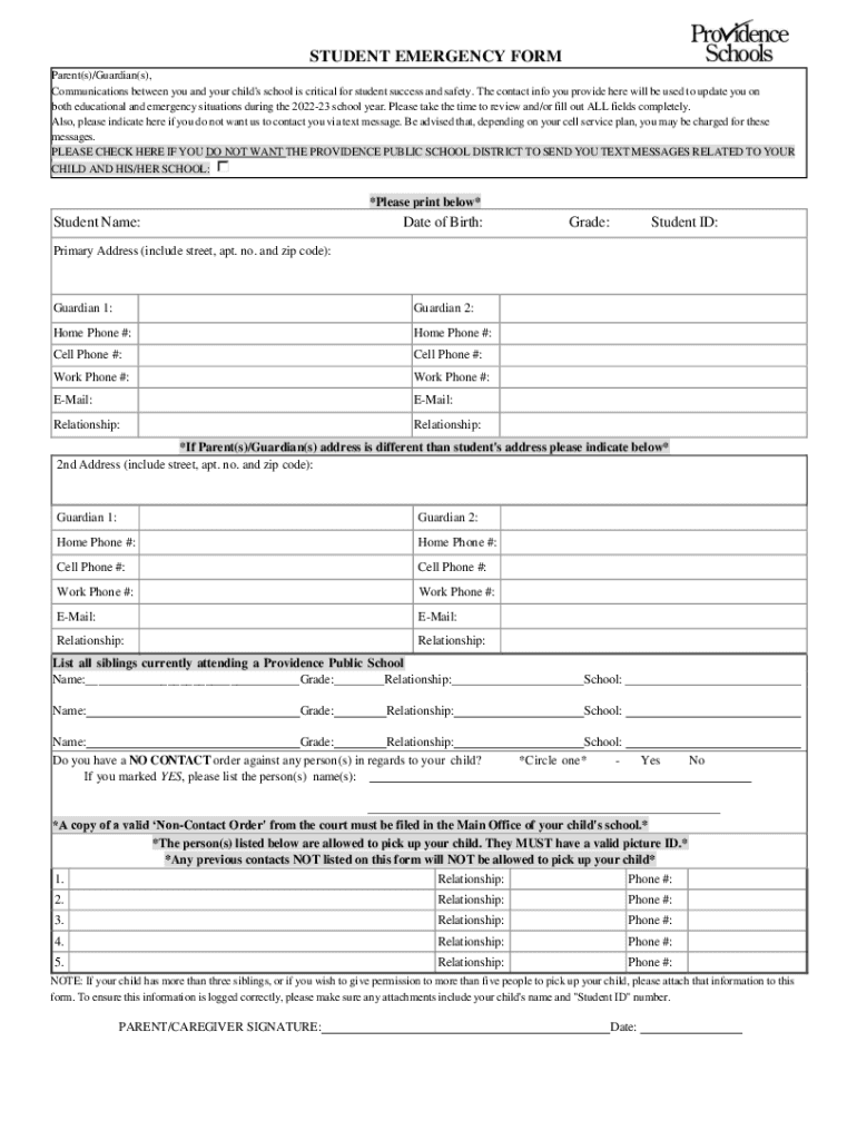 Fillable Online STUDENT EMERGENCY FORM - Providence Public Schools Fax ...