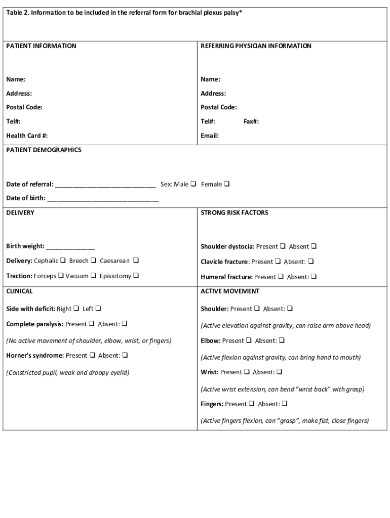 Fillable Online Kids Health Information : Brachial plexus palsy or Erb ...