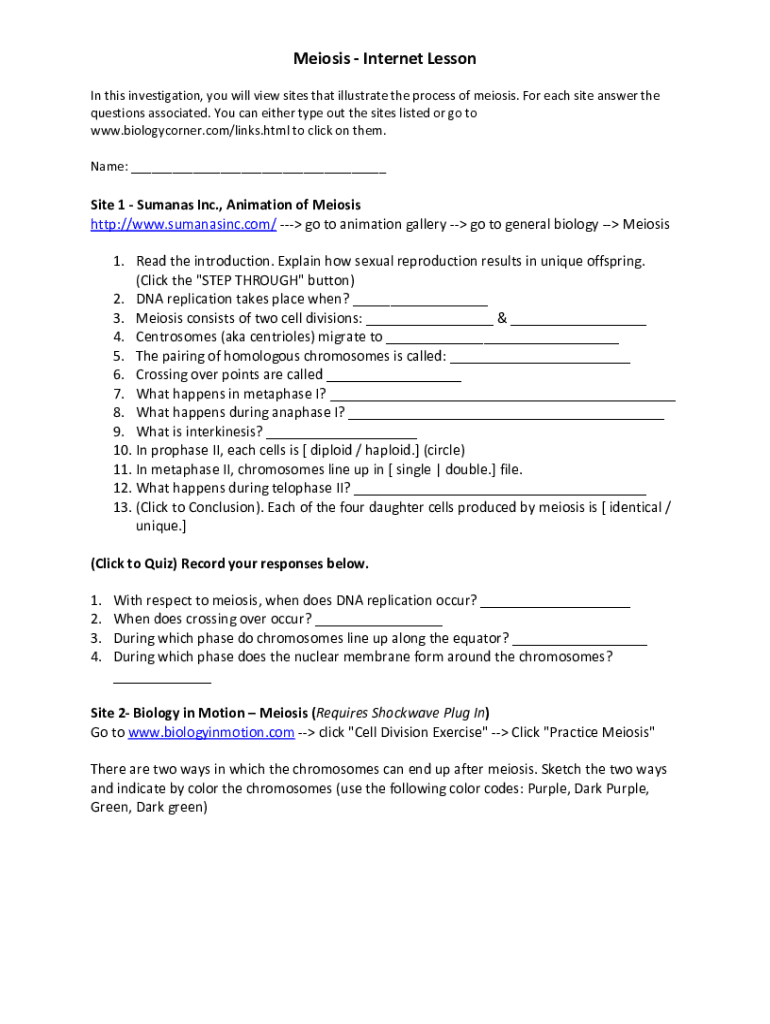 Fillable Online Active Reading Worksheets Process Of Meiosis ...