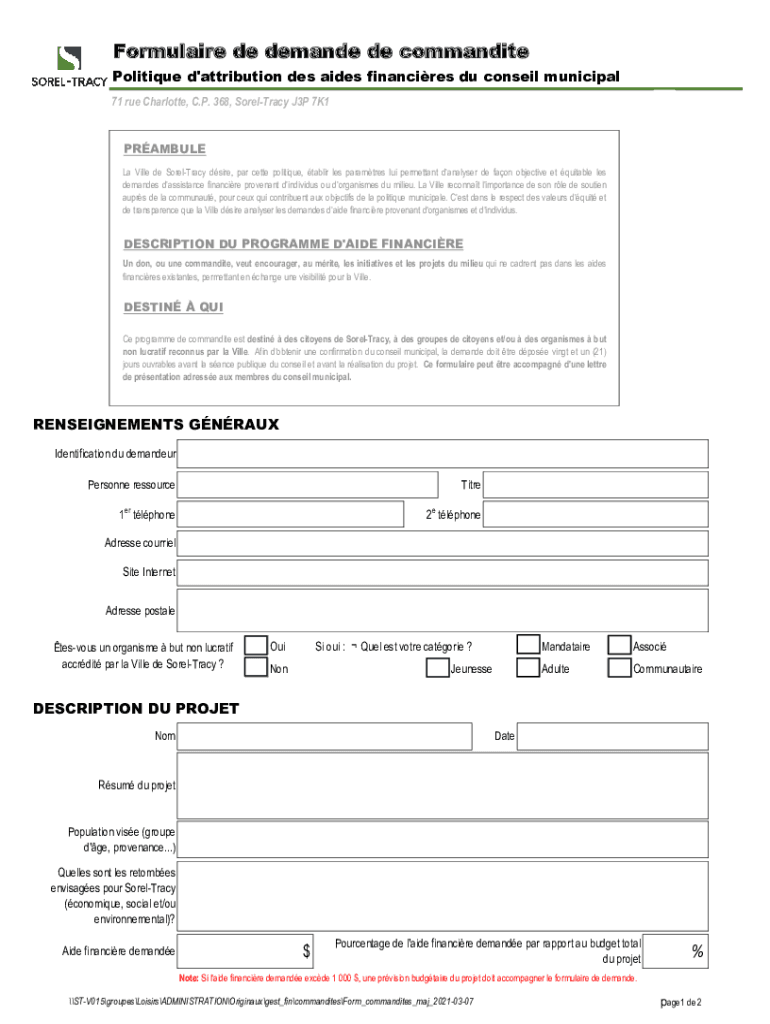 Fillable Online Formulaire de demande de commandite - Ville de Sorel ...