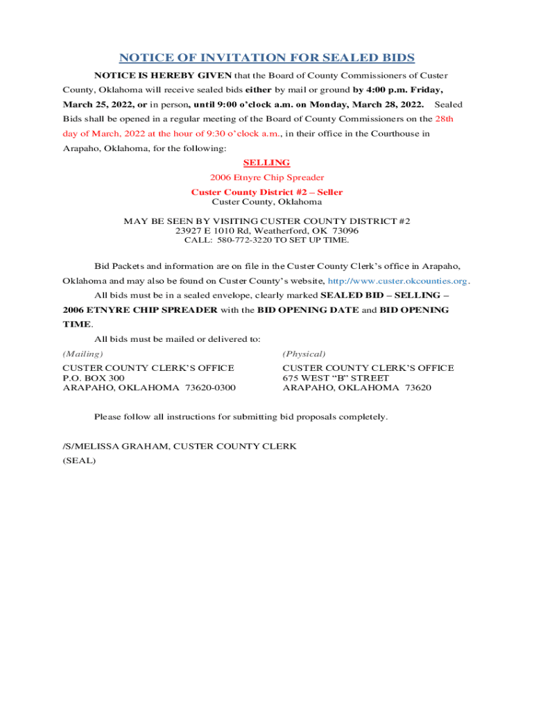 Fillable Online custer okcounties NOTICE OF INVITATION FOR SEALED BIDS Fax Email Print - pdfFiller