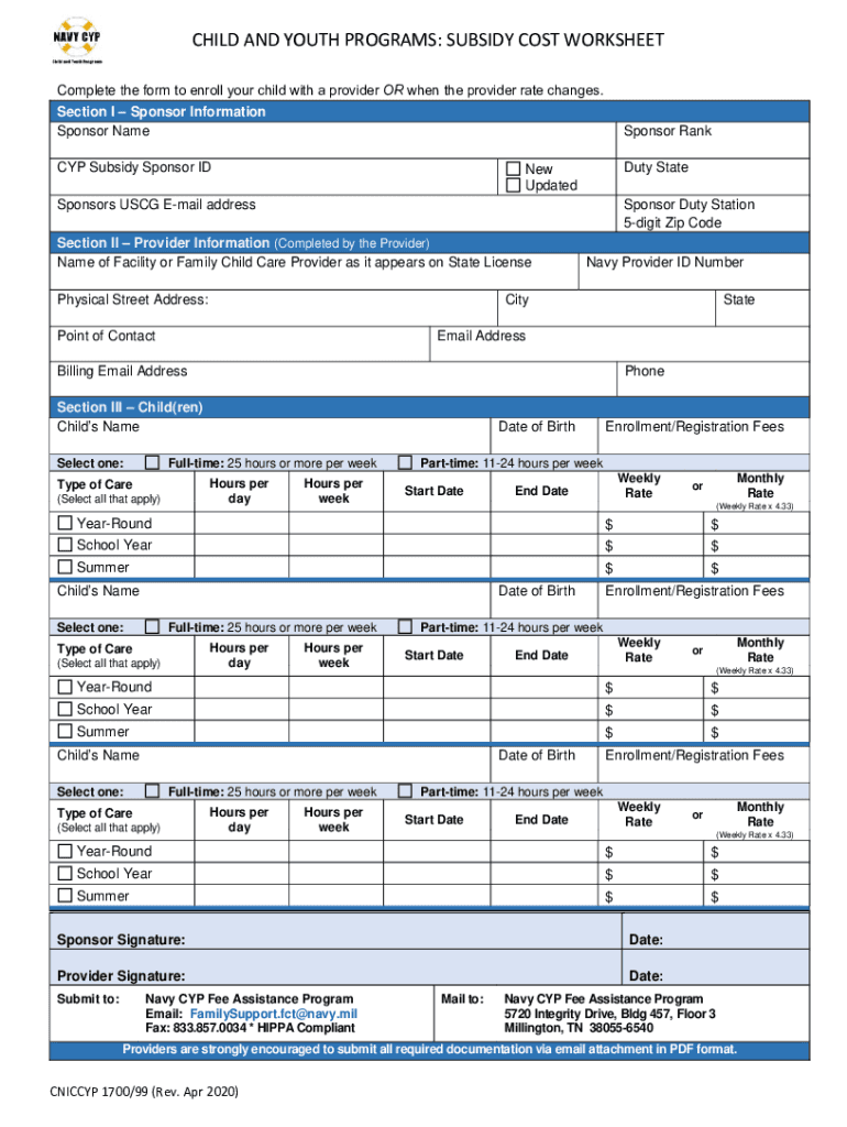 Fillable Online MCCYN Fee Assistance Cost Worksheet - Military Child ...