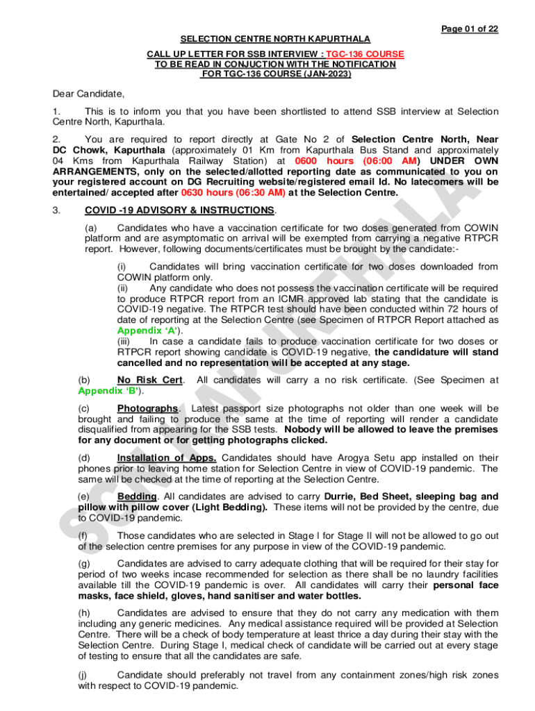 Fillable Online selection centre north kapurthala call up letter for ...