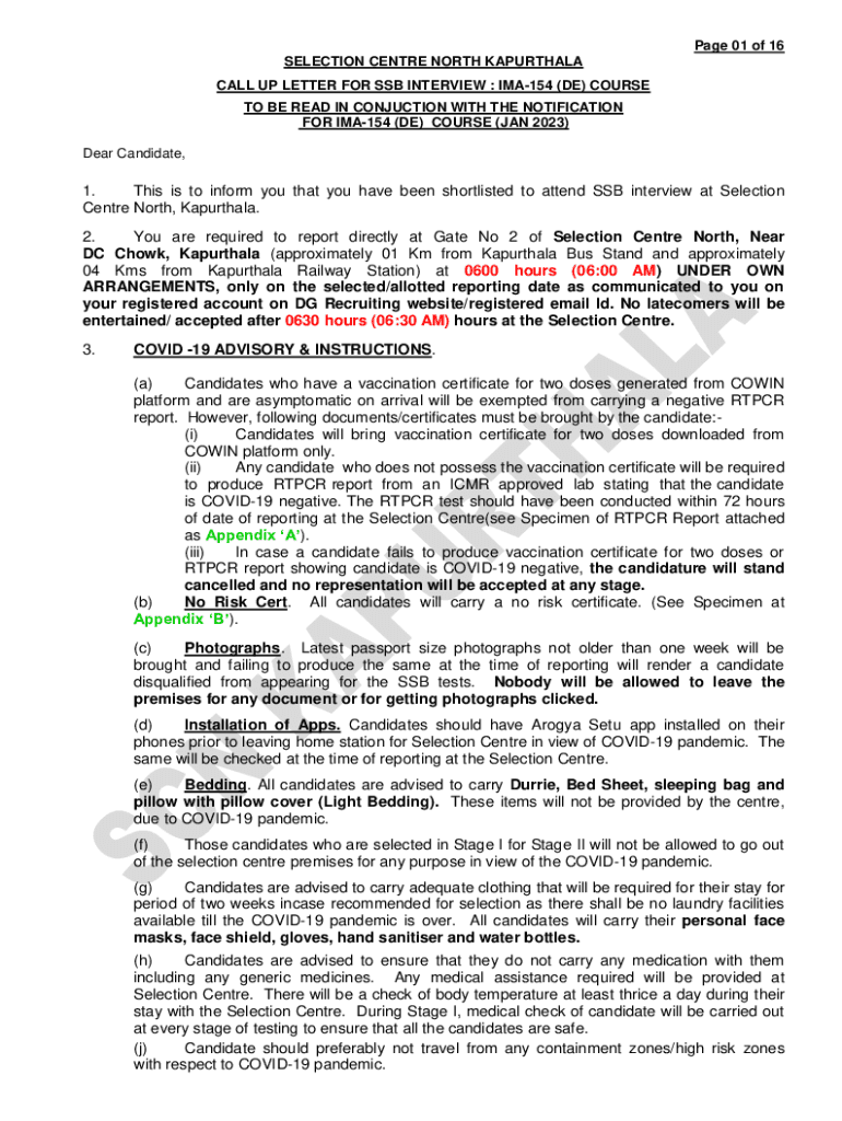 Fillable Online selection centre north, kapurthala call up letter for ...