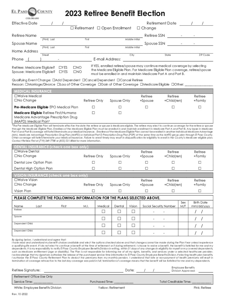 Fillable Online Retiree Health Benefits Enrollment and Change Form Fax ...
